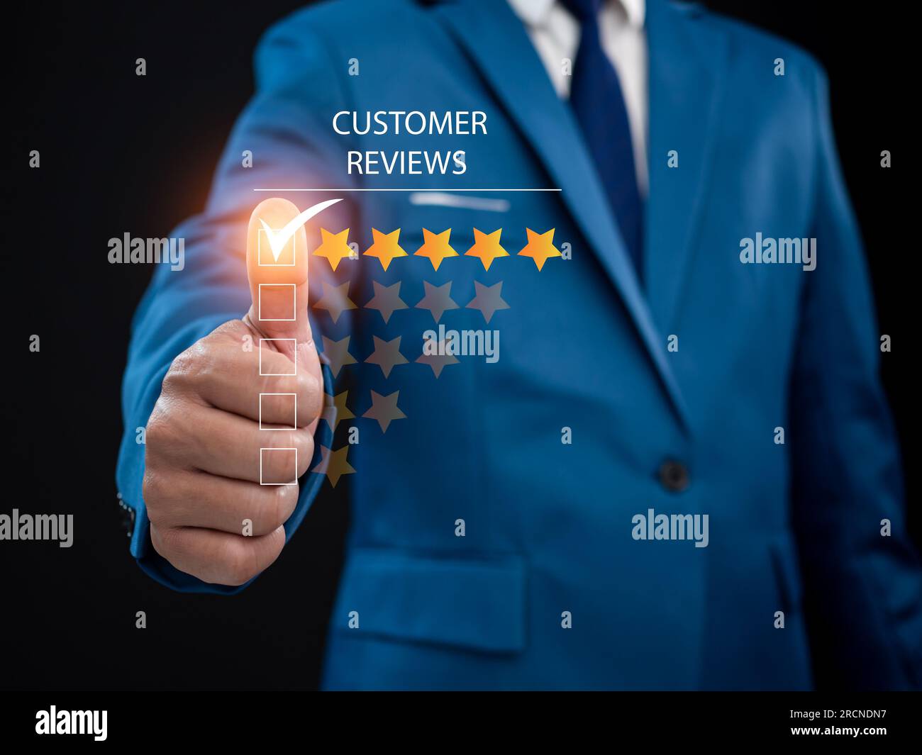 Businessman presses his finger on the check mark to rate five stars ...
