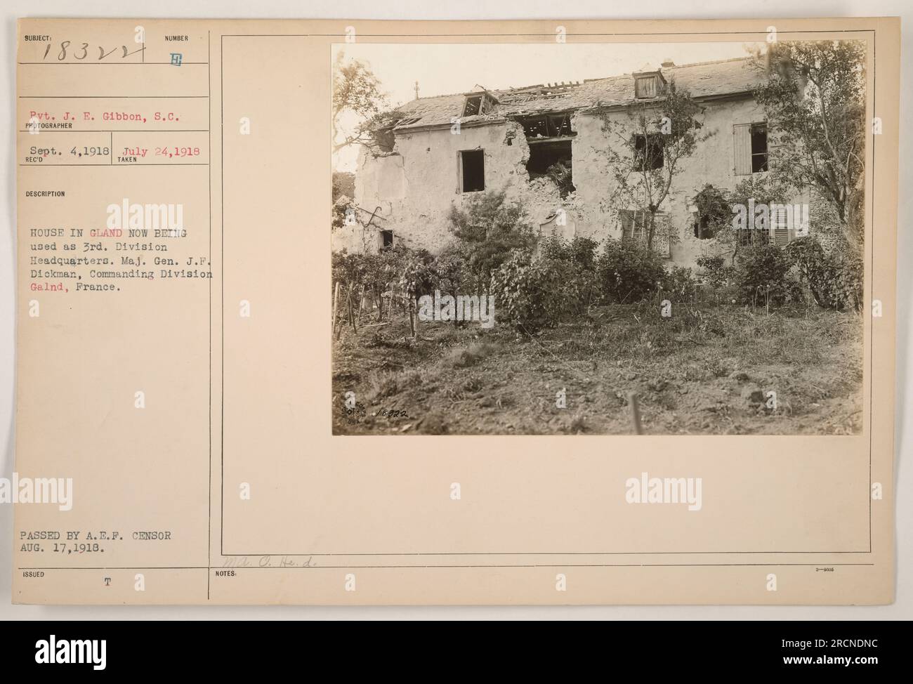 "Pvt. J.E. Gibbon of the Signal Corps photographed B House in Gland ...