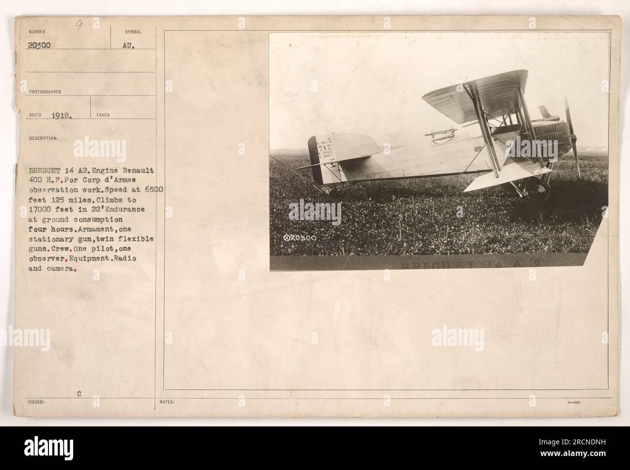 The image depicts a Breguet 14 A2 aircraft with a Renault 400 H.P ...