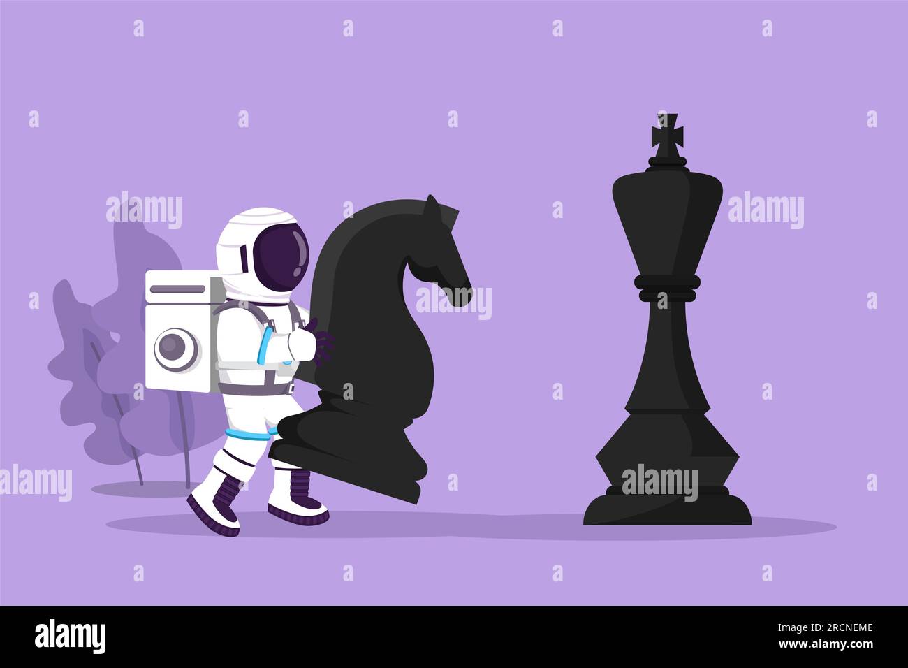 Cartoon flat style drawing young astronaut holding knight chess piece ...
