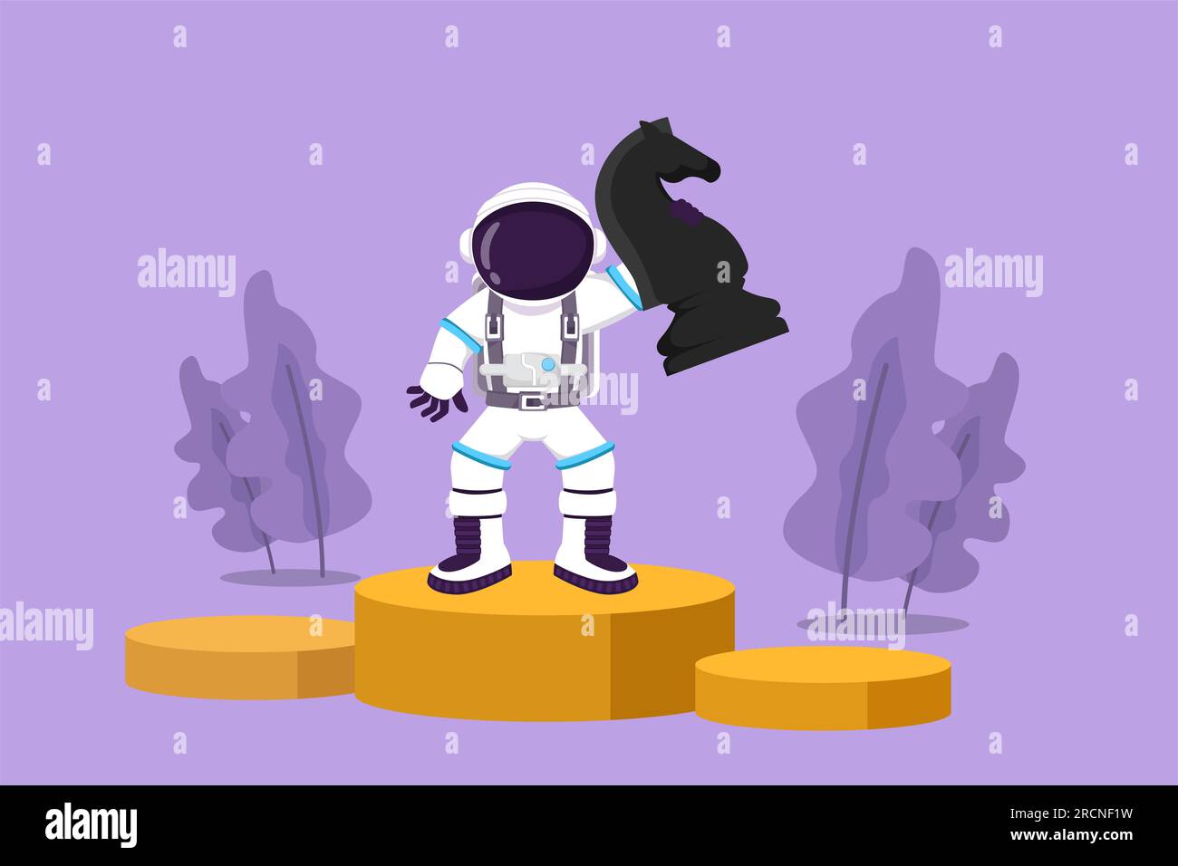 Graphic flat design drawing of young astronaut holding and lifting knight horse chess piece at ...