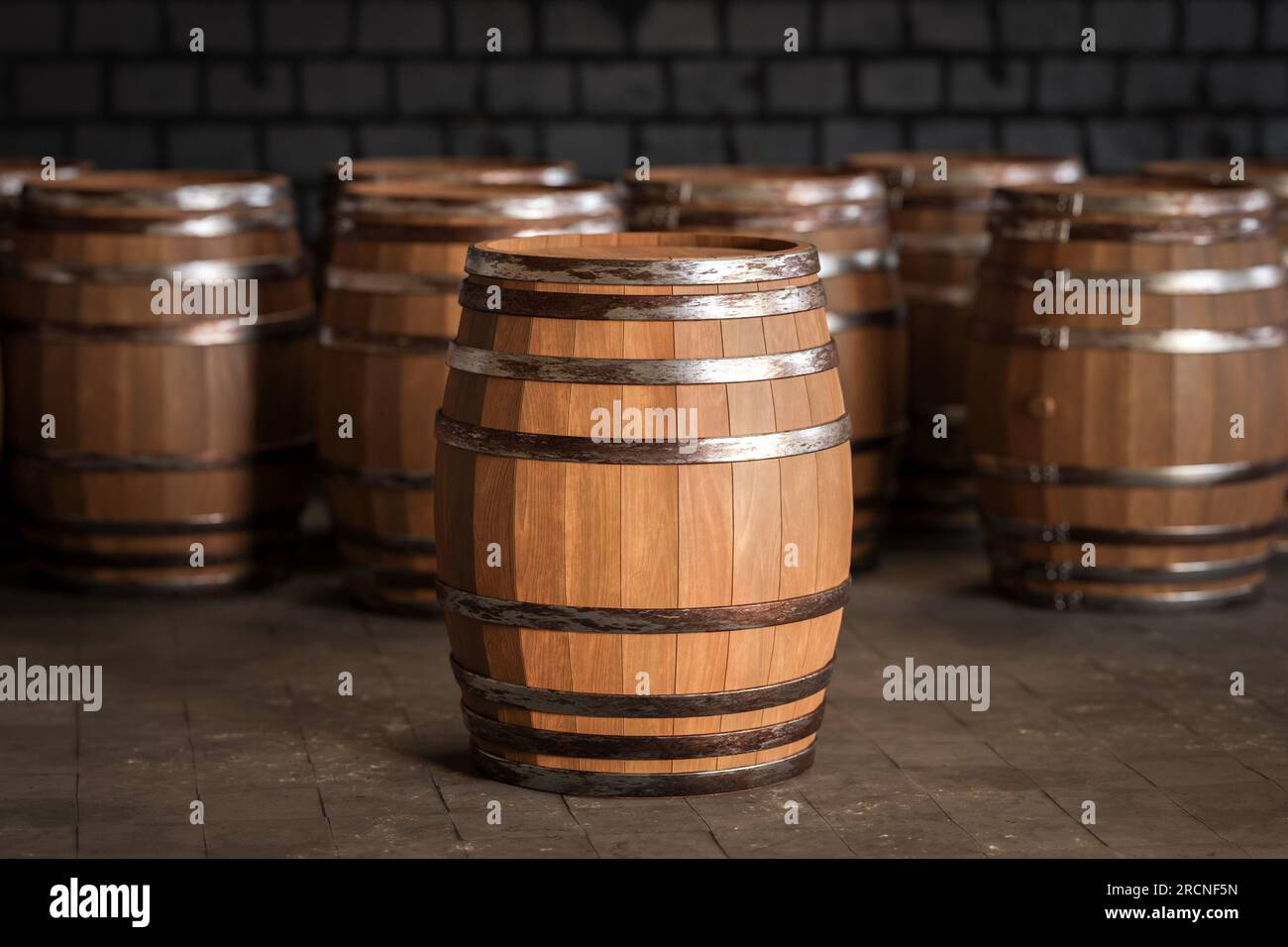 Wooden barrels in cellar. advertising of brewery, winery, tasting of ...