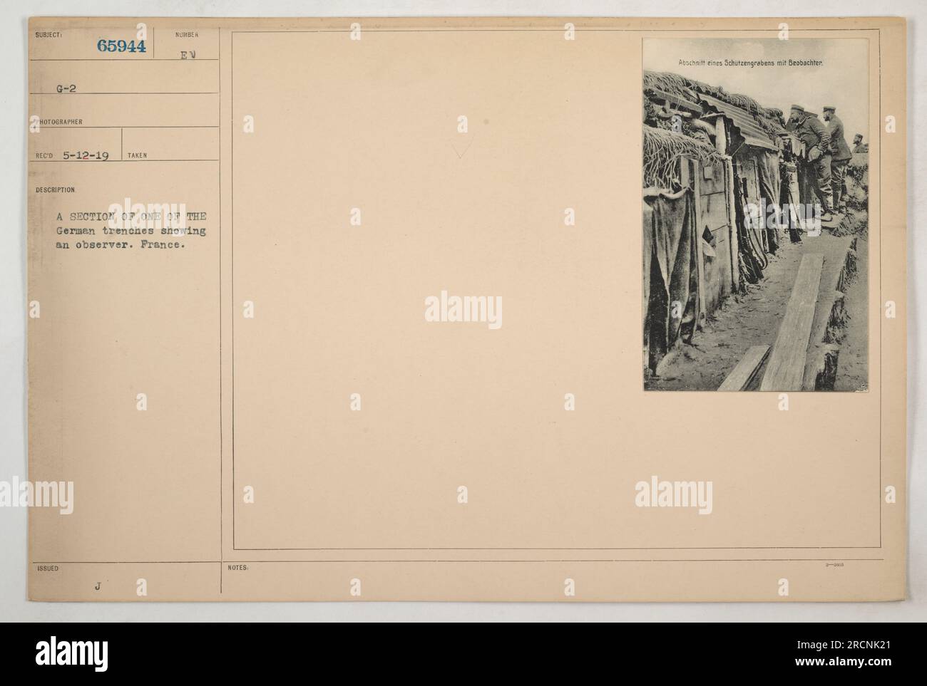 A section of a German trench during World War One, showing an observer ...