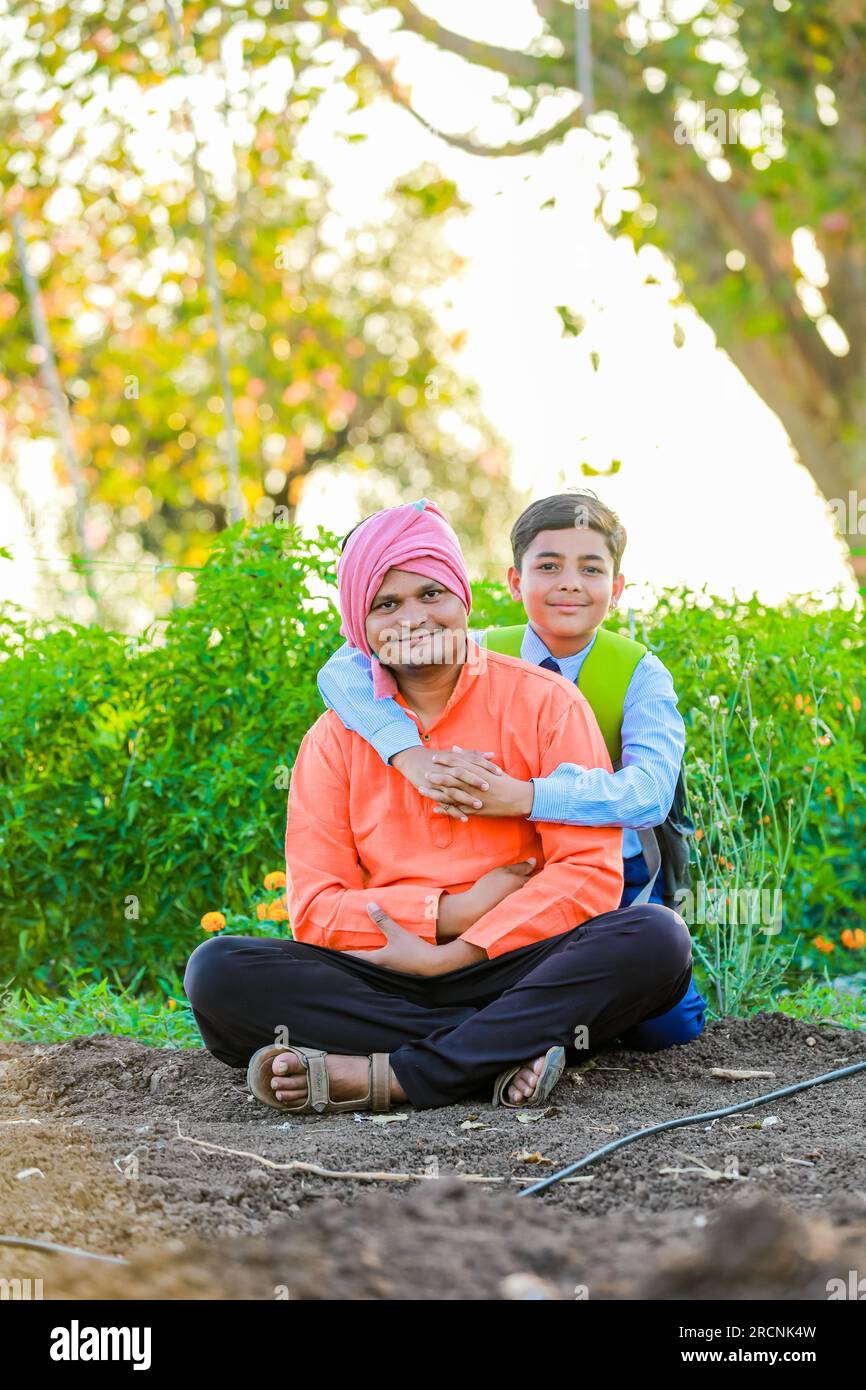 happy indian father and son , farmer and his son with smilli face Stock ...