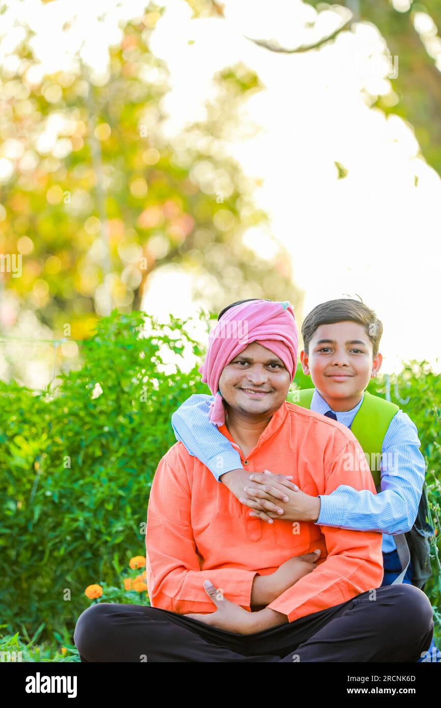 happy indian father and son , farmer and his son with smilli face Stock ...
