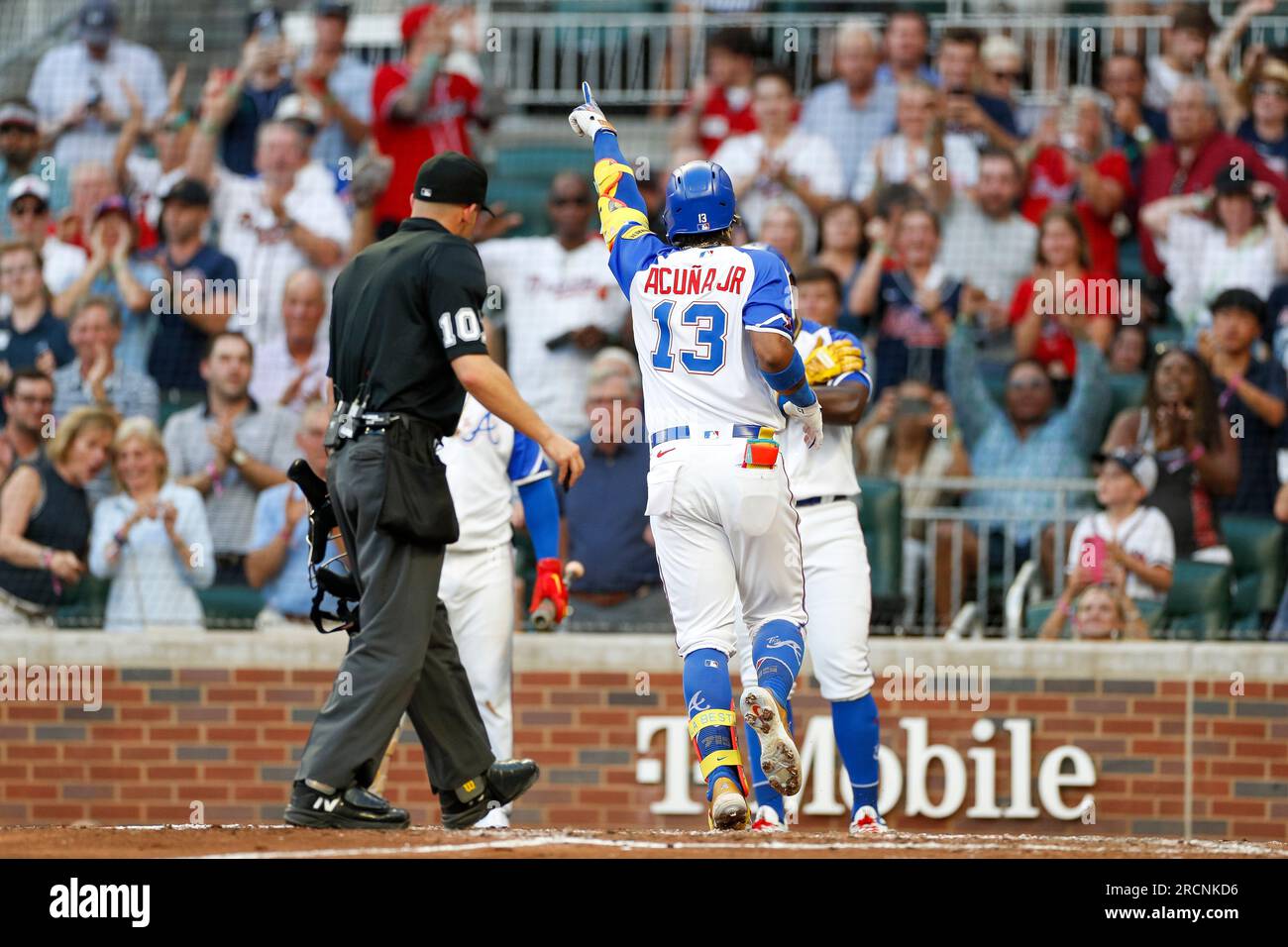 Atlanta Braves right fielder Ronald Acuna Jr. (13) celebrates a two-run ...