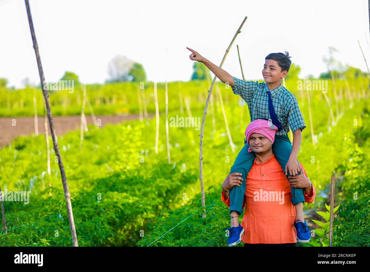 Indian farmer with his son at agriculture field, Father and son are ...