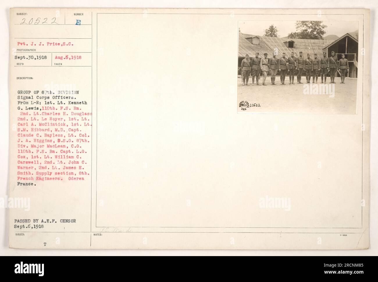 Caption: Group photograph of Signal Corps officers from the 87th ...