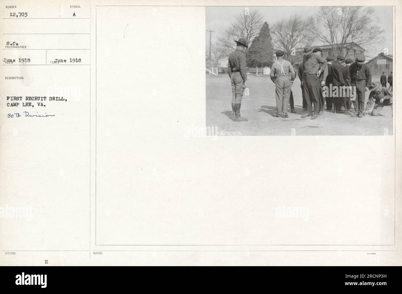 Soldiers participating in their first recruit drill at Camp Lee, Virginia in June 1918. This ...