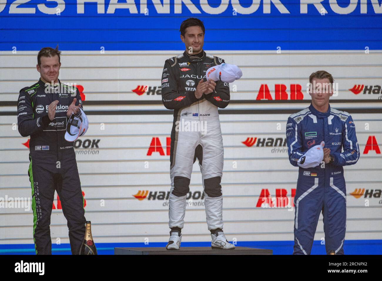 The podium of the Race 1, first day of competition of the FE Grand Prix ...