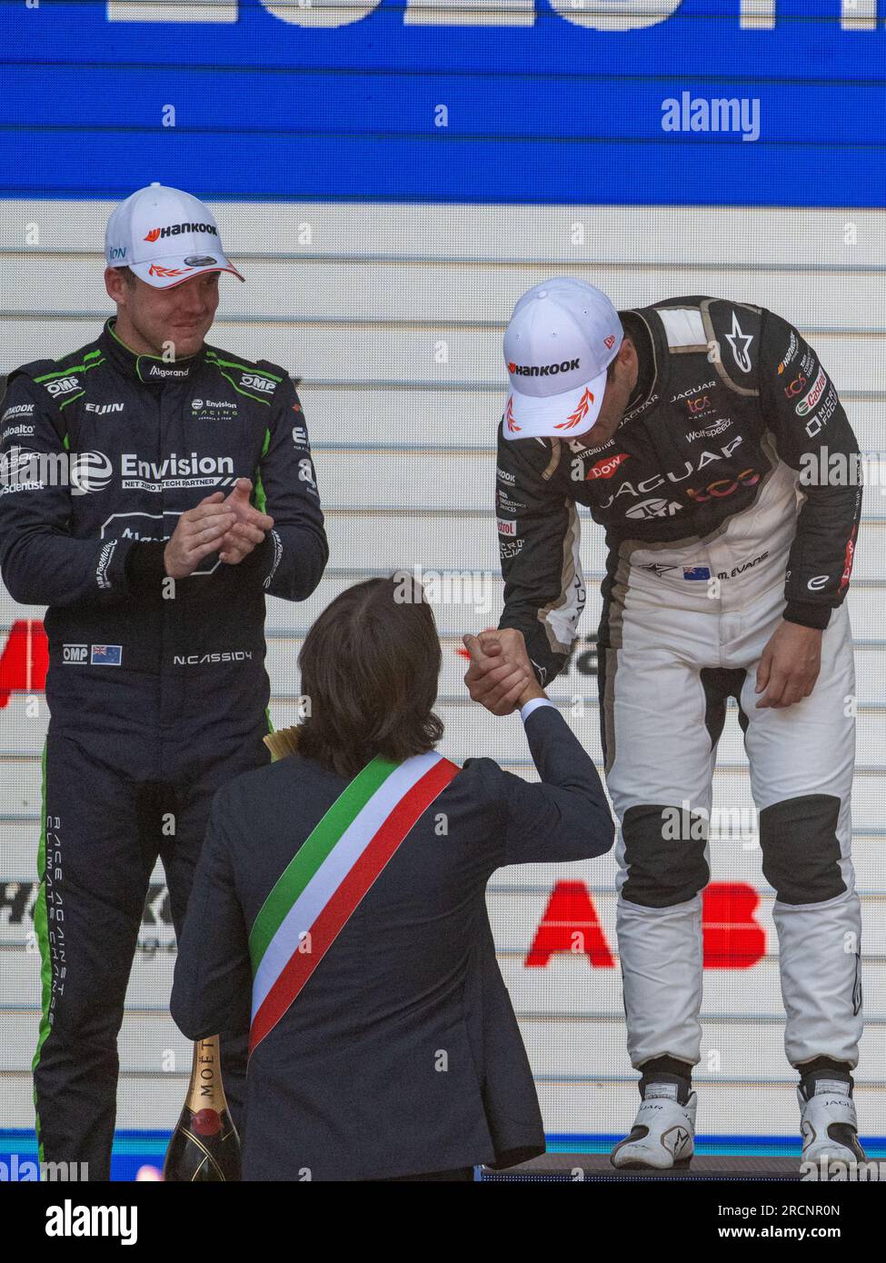 The podium of the Race 1, first day of competition of the FE Grand Prix ...