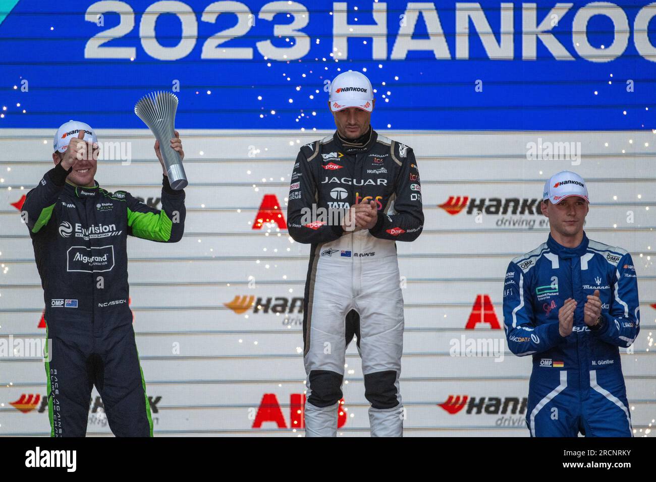 The podium of the Race 1, first day of competition of the FE Grand Prix ...