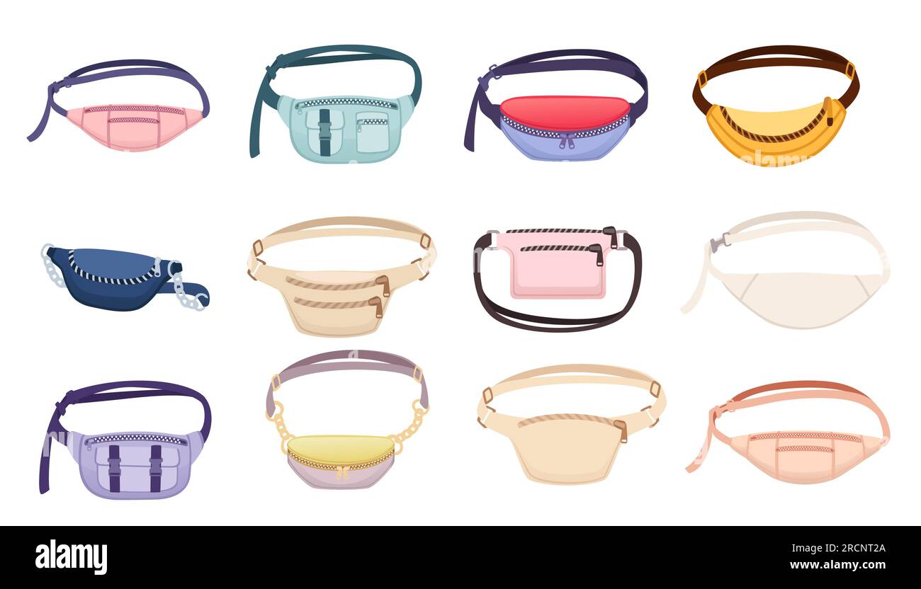 Set of stylish modern green color waist banana bag vector illustration ...