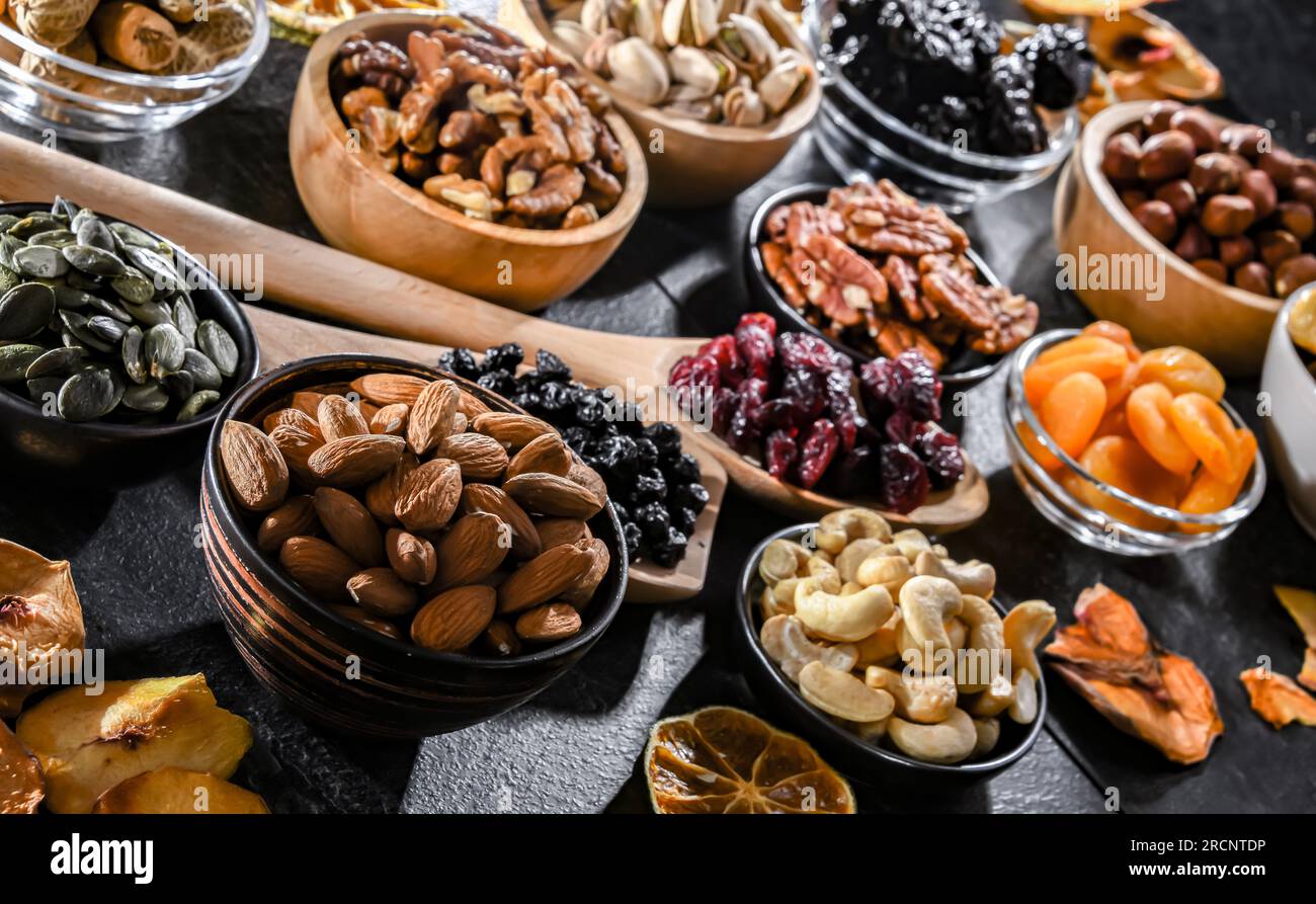 Composition with a variety of dried fruits and assorted nuts ...