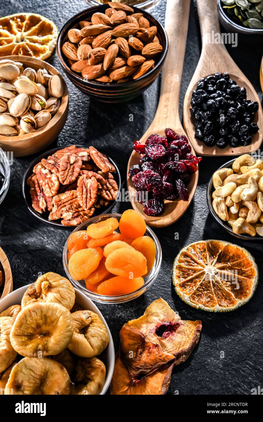 Composition with a variety of dried fruits and assorted nuts ...