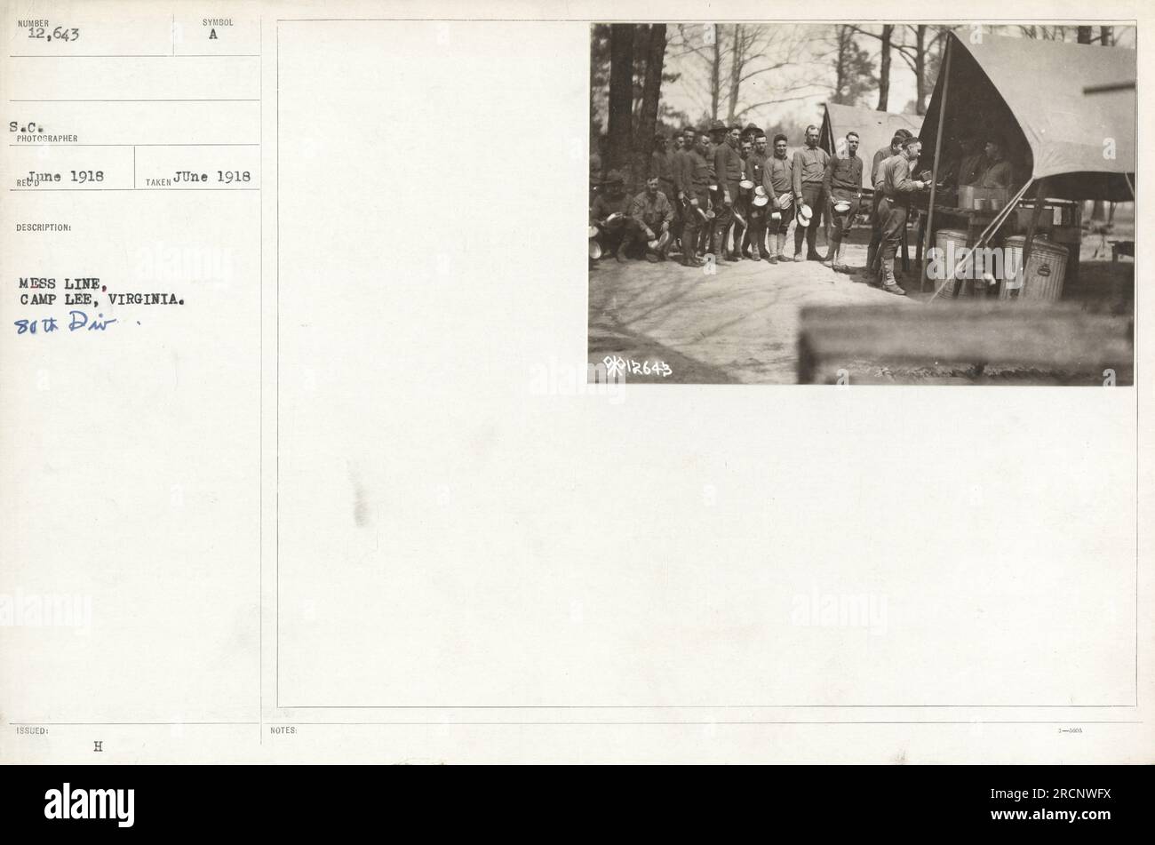 Mess line at Camp Lee, Virginia in 1918. Soldiers of the 80th Division ...