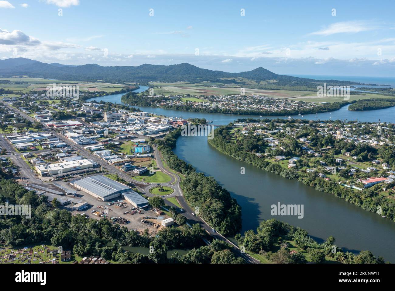 Aerial view of the town of Innisfail on the Johnstone river in north ...