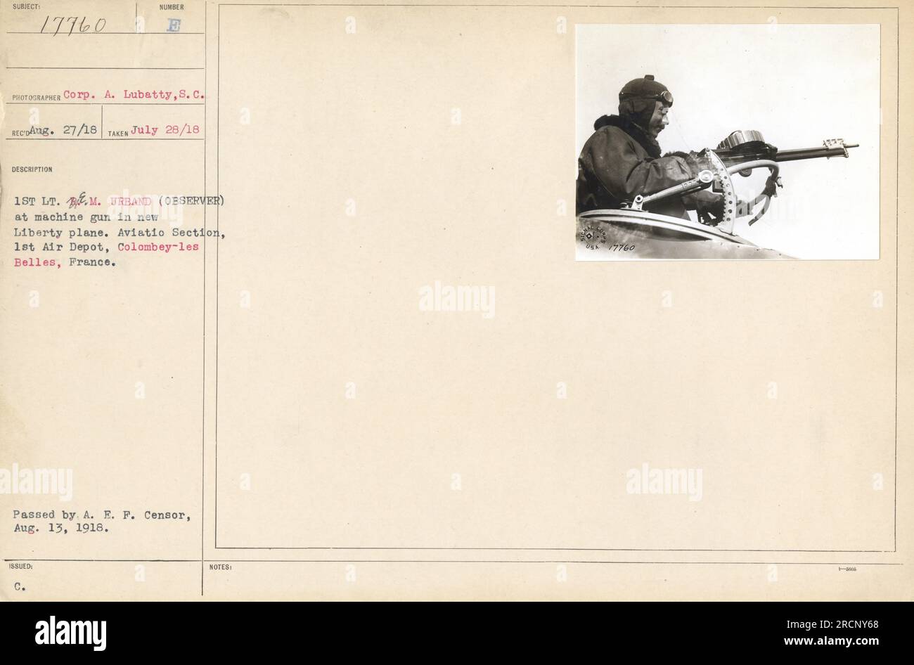 1st Lt. M. Urband, an observer, operates a machine gun in a new Liberty ...