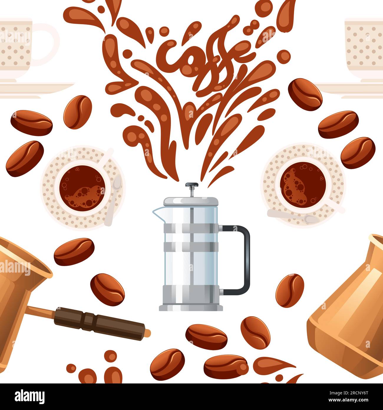 Seamless pattern coffee theme with french press coffee maker and cezve ...