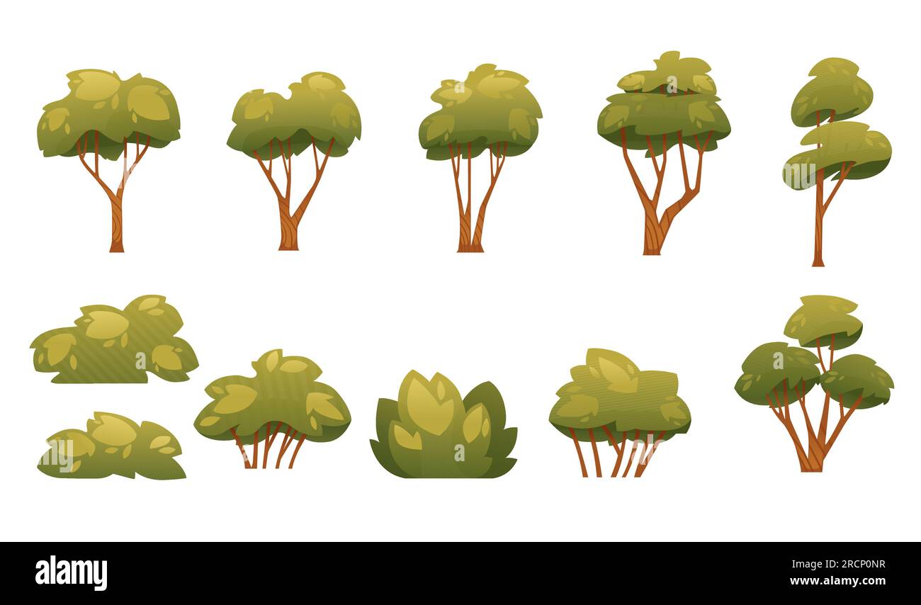 Set of green stylized bush vector illustration isolated on white ...