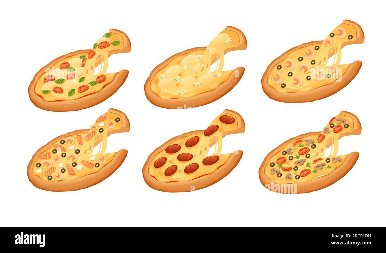 Set of different types of pizza vector illustration isolated on white ...