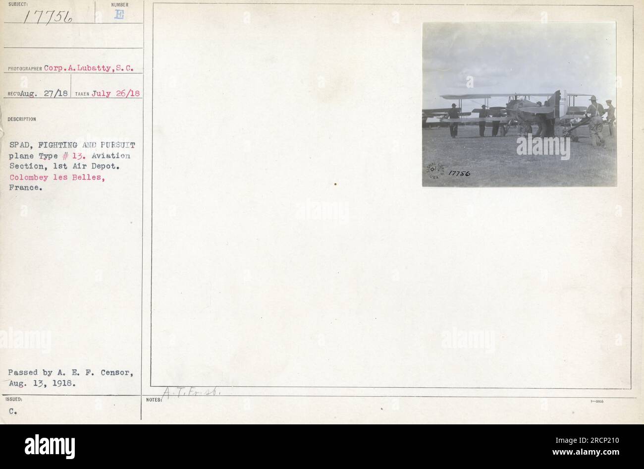 This photograph, taken on July 26, 1918, shows a SPAD type 13 aircraft ...