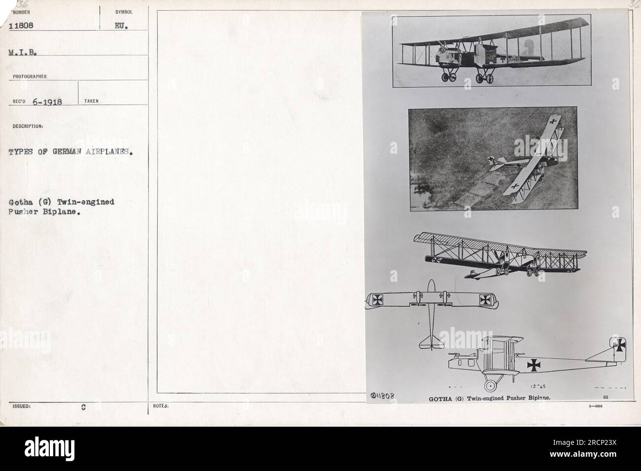German Gotha (G) Twin-engined Pusher Biplane photographed in June 1918 ...