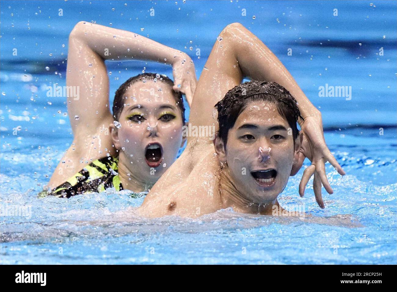 Fukuoka, Japan. 16th July, 2023. Japanese artistic swimmers Tomoka Sato (L) and Yotaro Sato ...