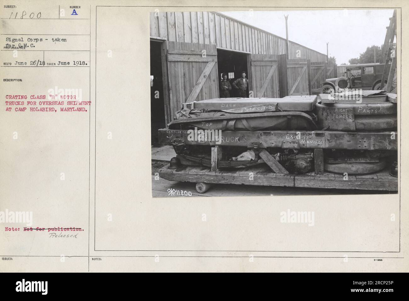 Soldiers at Camp Holabird in Maryland are crating Class B motor trucks ...