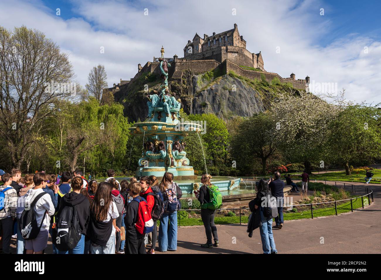 School class children on trip in front of Ross Fountain with view to ...