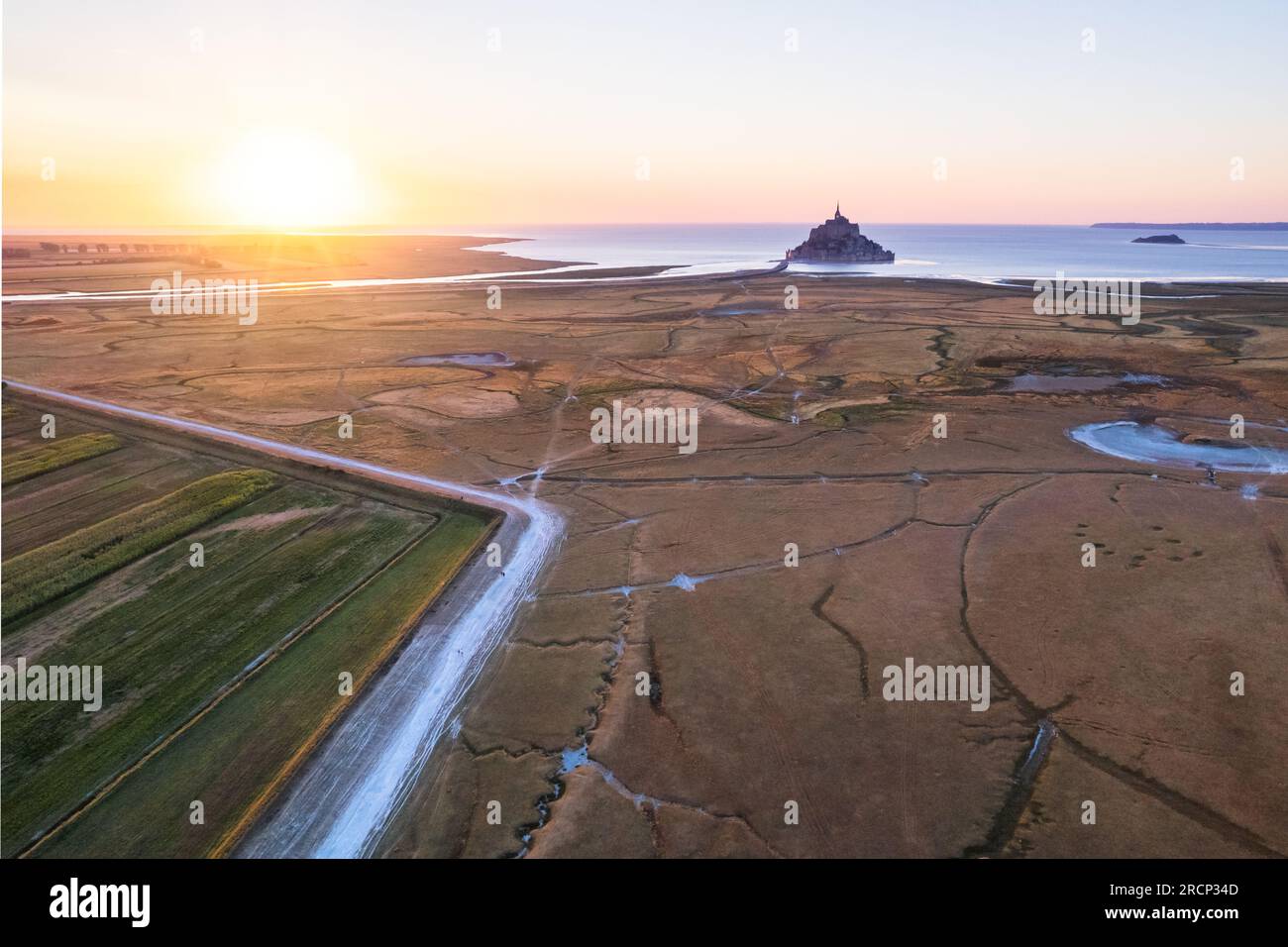 Aerial view of sunset sky scene at Mont-Saint-Michel, Normandy, France ...