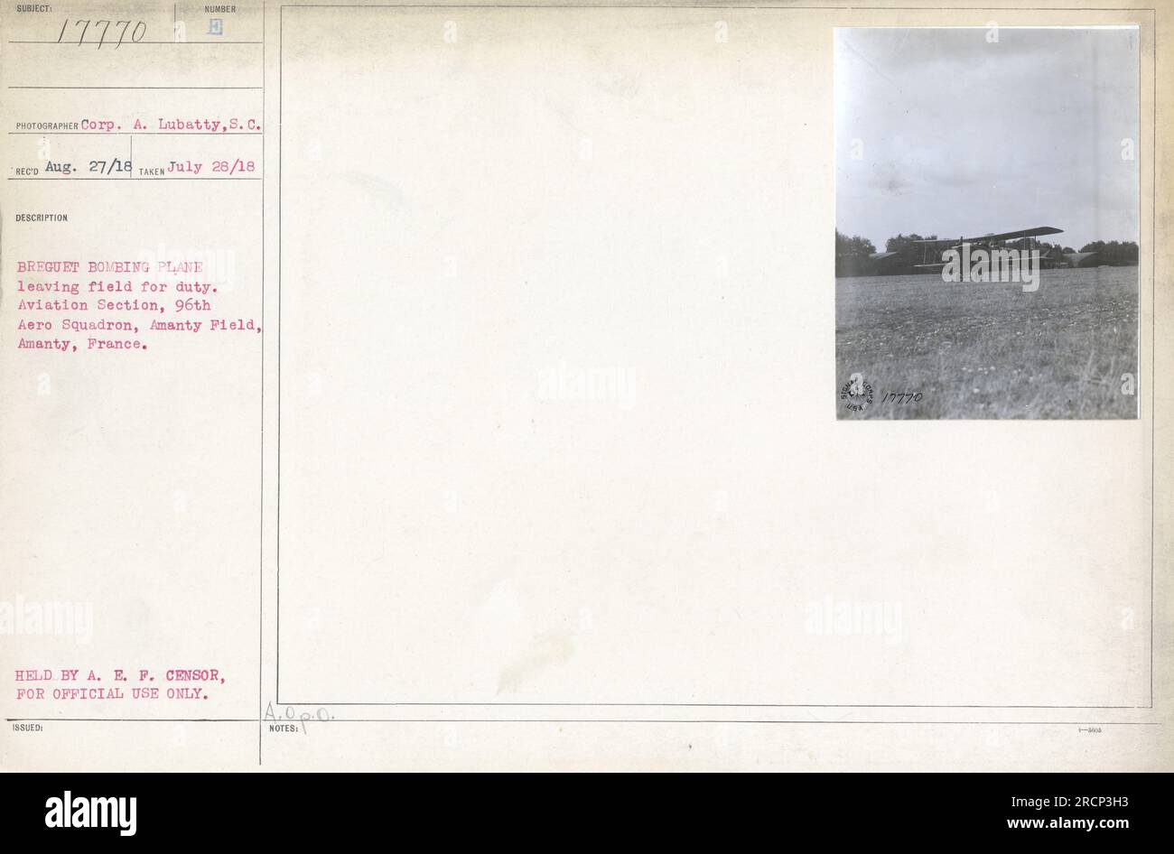 The photograph, taken on July 28, 1918, shows a Sumber Breguet bombing ...