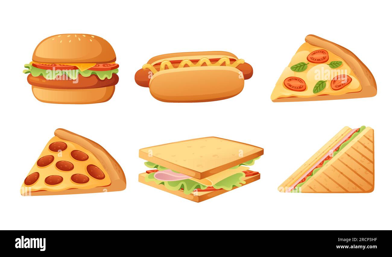 Collection of fast food burger pizza hotdog and sandwich vector ...