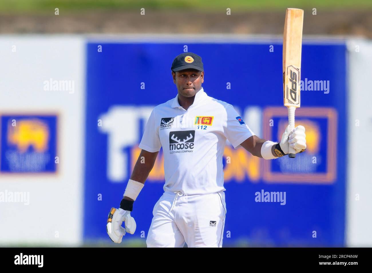 Galle, Sri Lanka. 16th July 2023. Sri Lanka's Angelo Mathews raises his ...