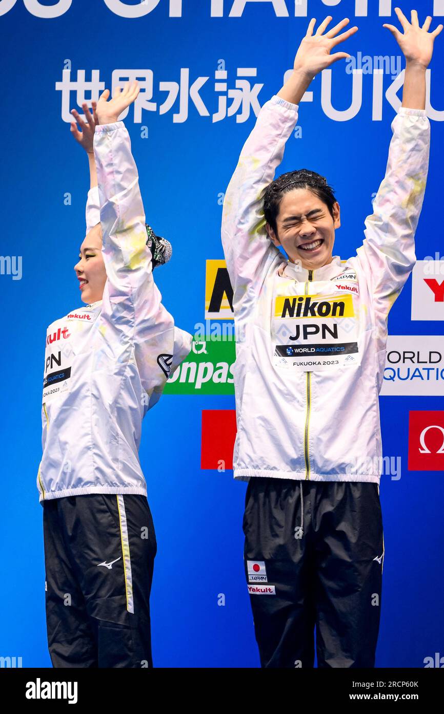 Fukuoka, Japan. 16th July, 2023. Tomoka Sato of Japan, Yotaro Sato of Japan celebrate after ...