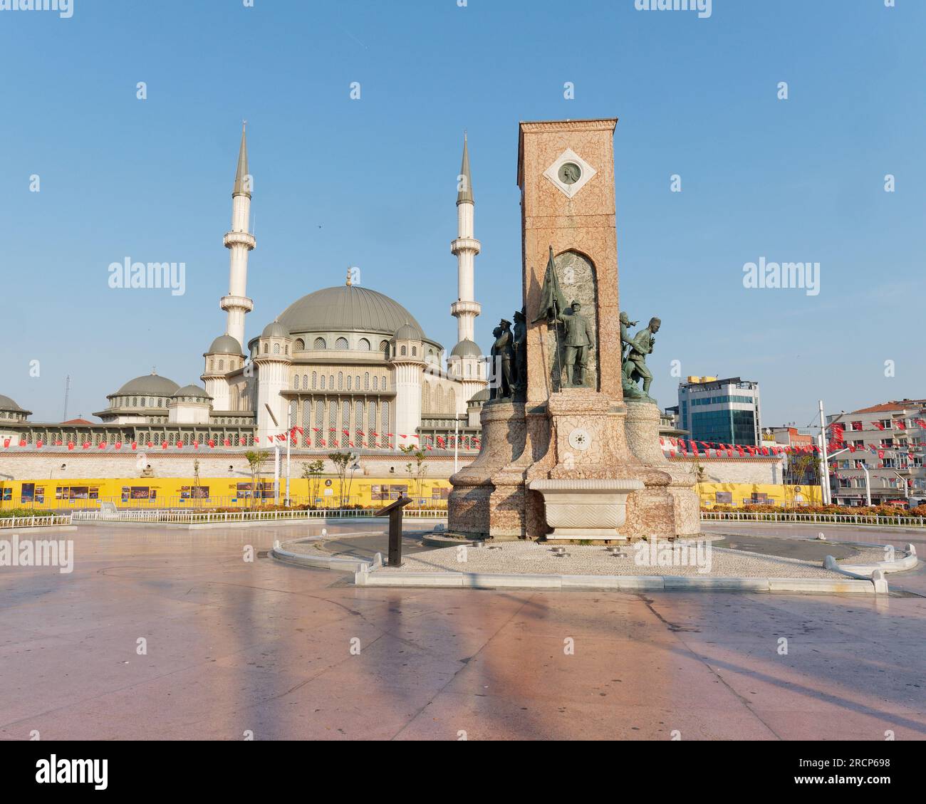 Taksim Square on a summers morning with the Republic Monument and ...