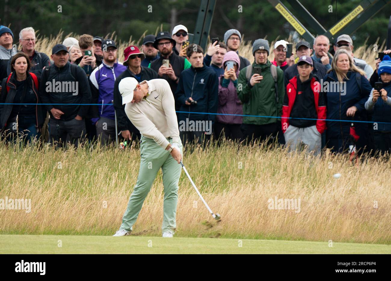 North Berwick, East Lothian, Scotland, UK. 16th July 2023. Rory McIlroy plays approach shot to ...