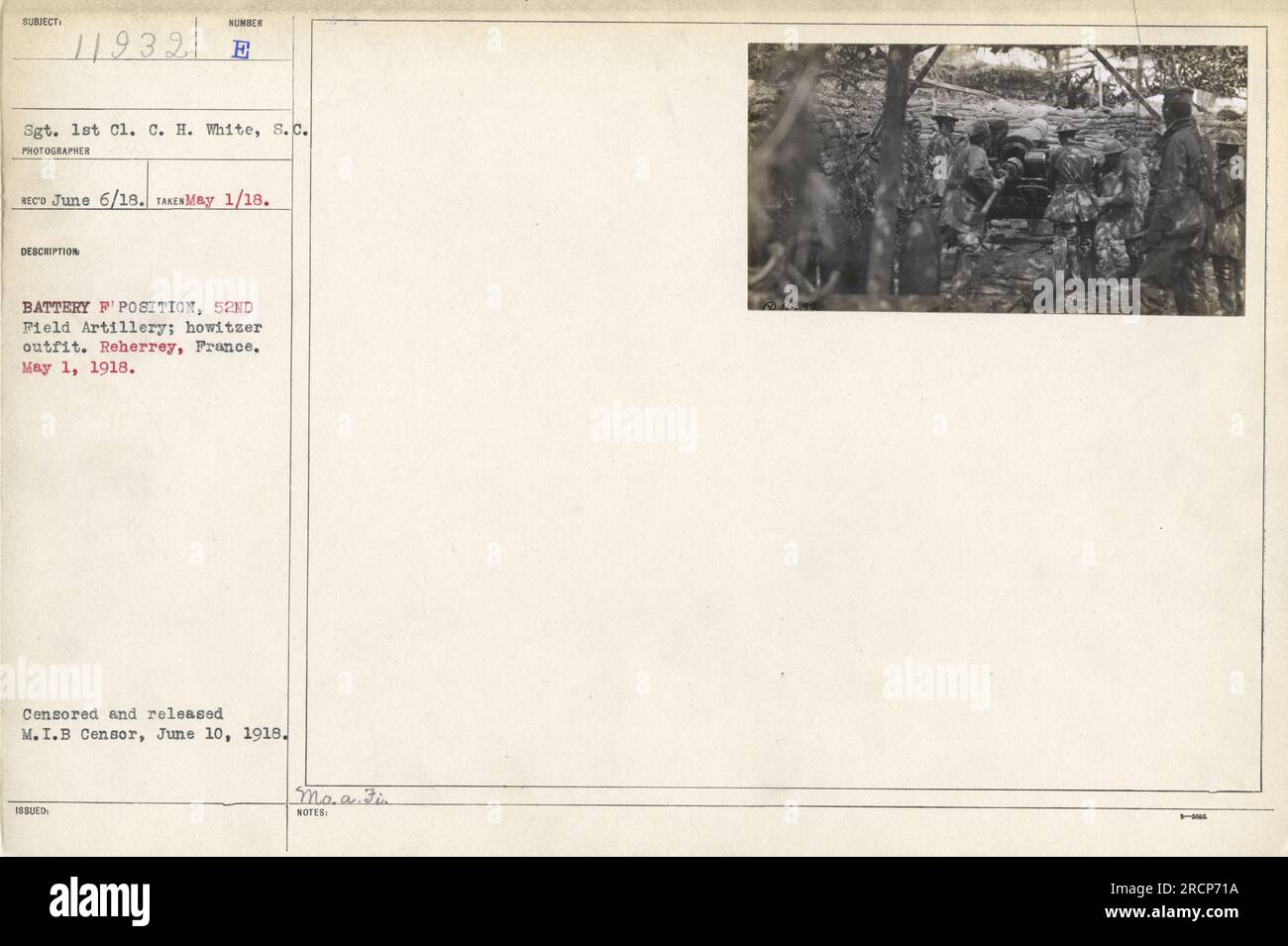 Sgt. 1st Cl. C. H. White of the 52nd Field Artillery in Reherrey ...