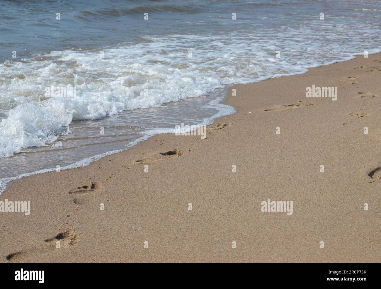Footprints in the sand beach. Footprints in the sand against a sea wave ...