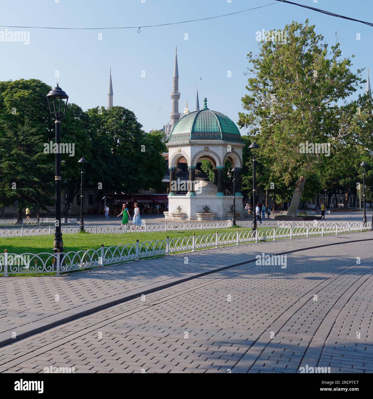 German Fountain in Sultanahmet Square with the Sultan Ahmed Mosque aka ...