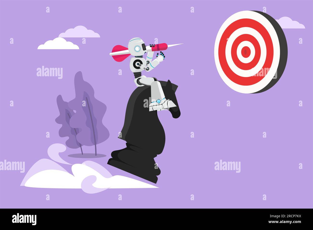 Cartoon flat style drawing robot holding dart arrow while riding chess ...