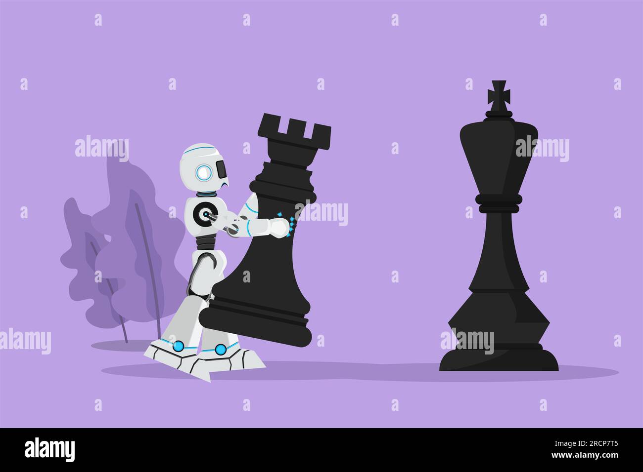 Graphic flat design drawing robot holding rook chess piece to beat king ...