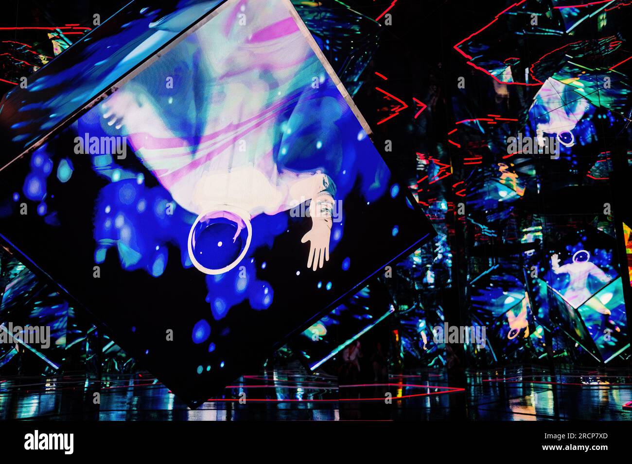 July 2023- Prague,Czechia. Interactive galaxy museum neon exhibition ...