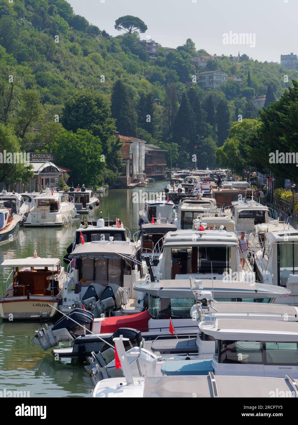 Luxury boats moored on a inlet from the Bosporus Sea in Anadolu with ...