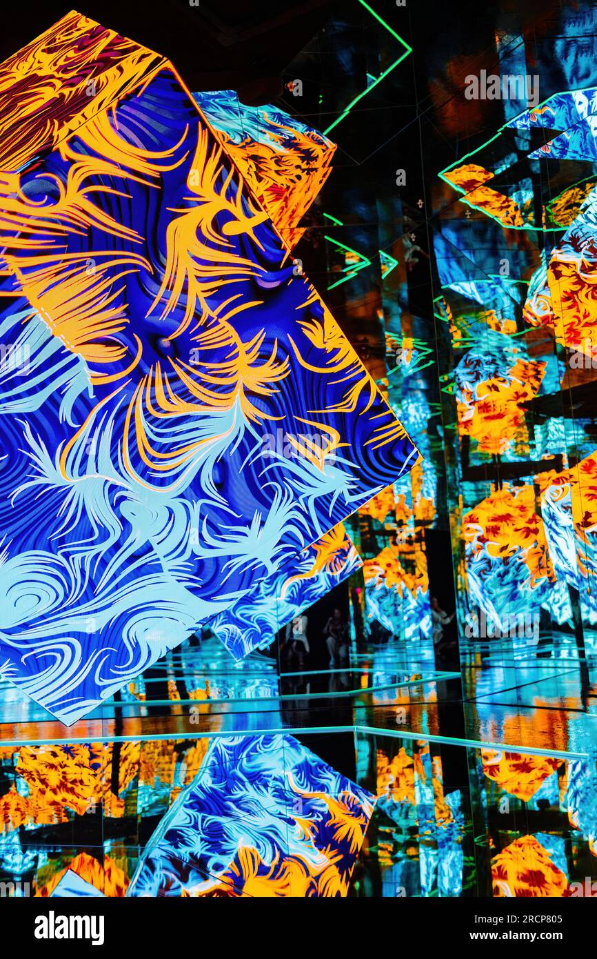 July 2023- Prague,Czechia. Interactive galaxy museum neon exhibition ...