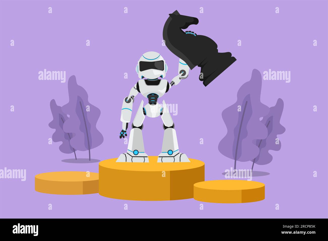 Graphic flat design drawing of robot holding and lifting knight horse ...