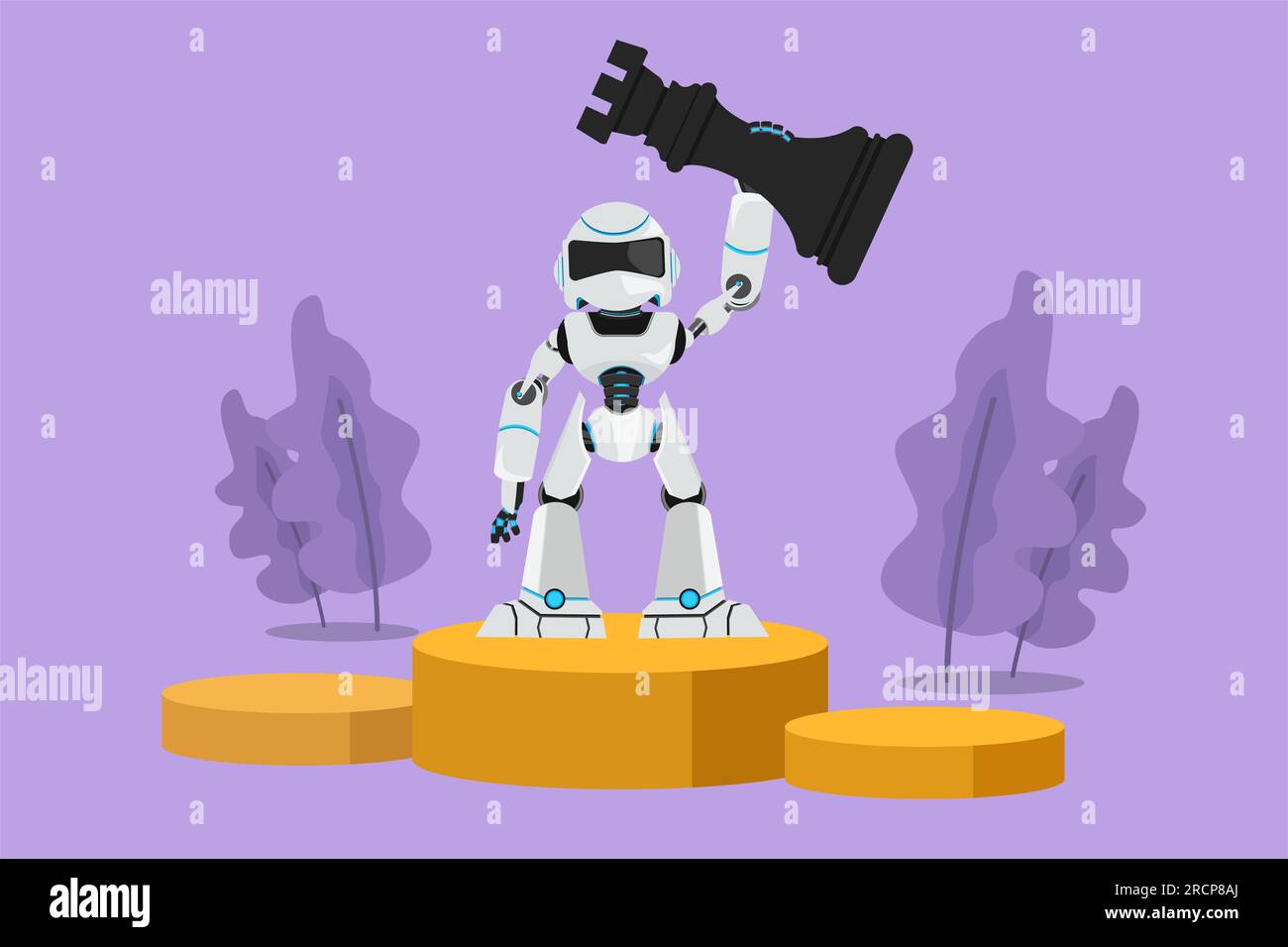 Cartoon flat style drawing robot holding and lifting rook chess piece ...