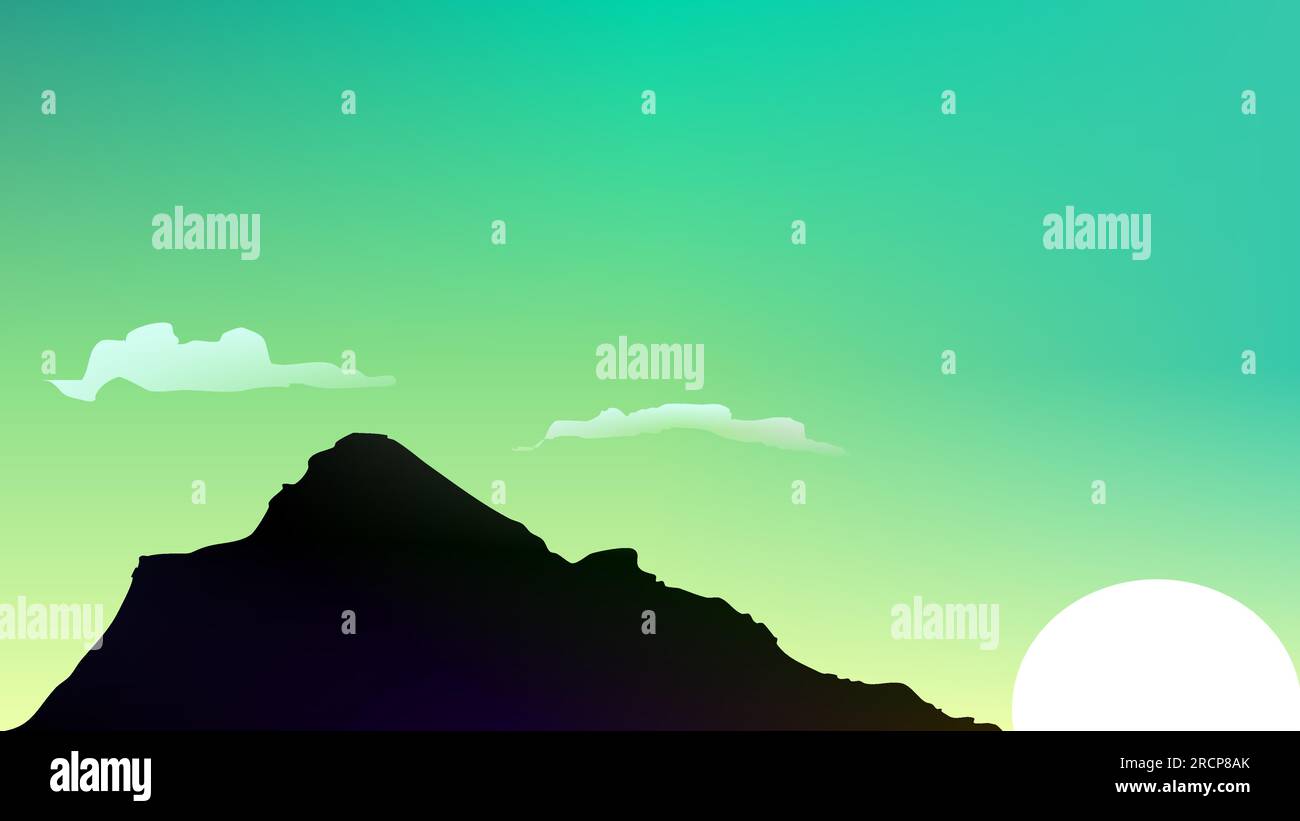 Sunrise Green Gradient Sky With Mountain and clouds. Tropical island ...