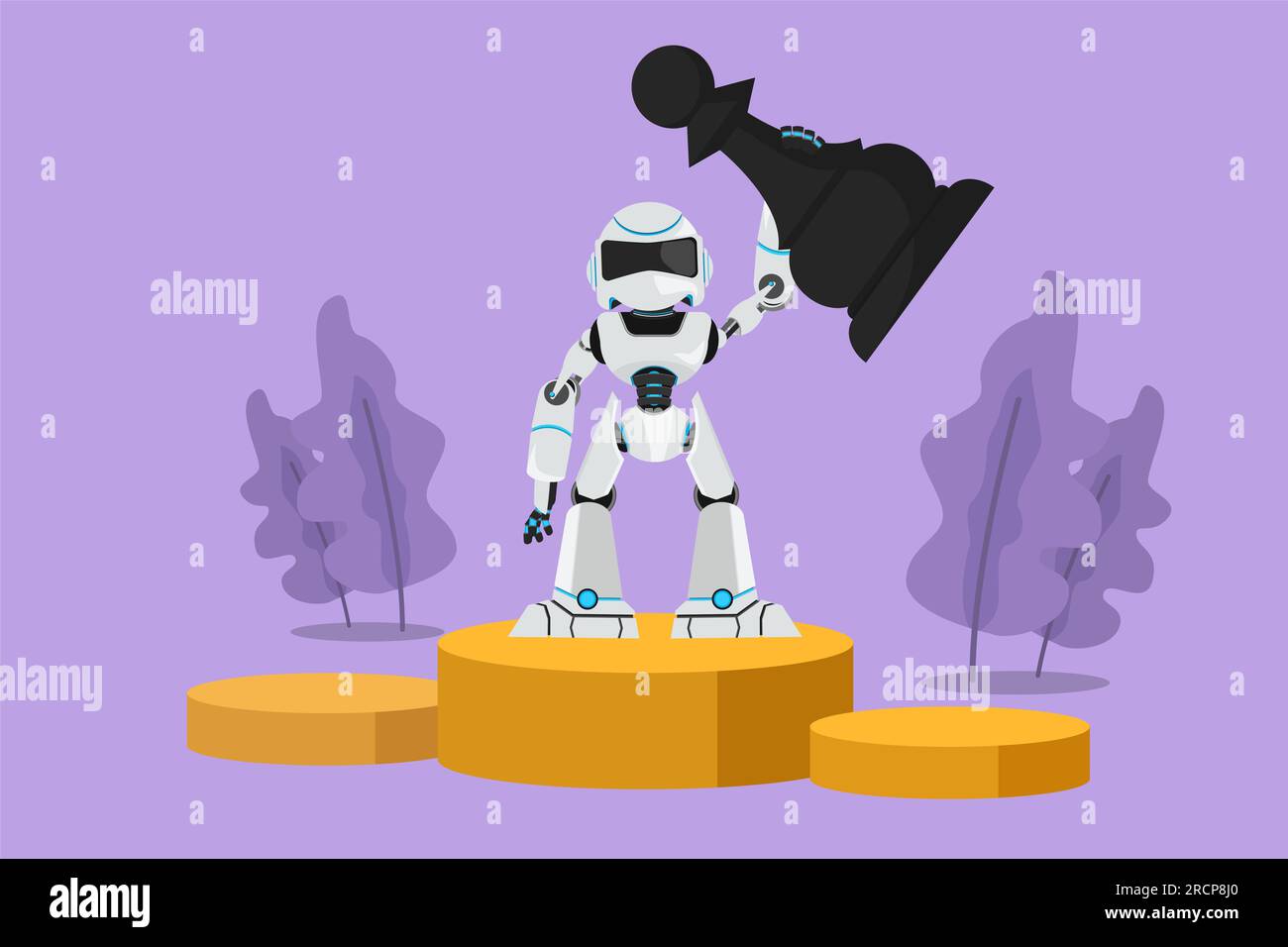 Graphic flat design drawing robot holding and lifting pawn chess piece ...