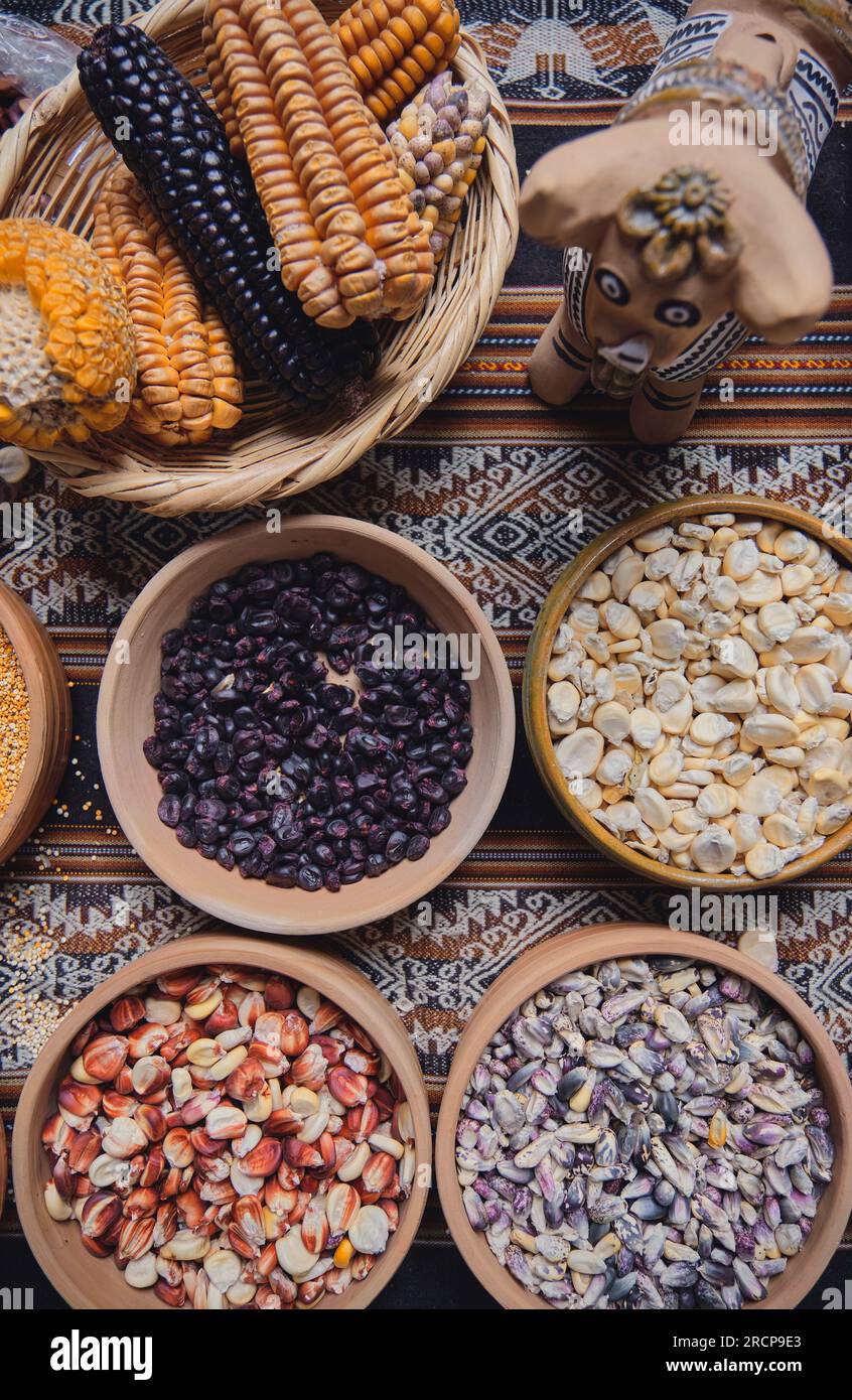 Various dried spices, andean cereals and grains in small bowls and raw ...